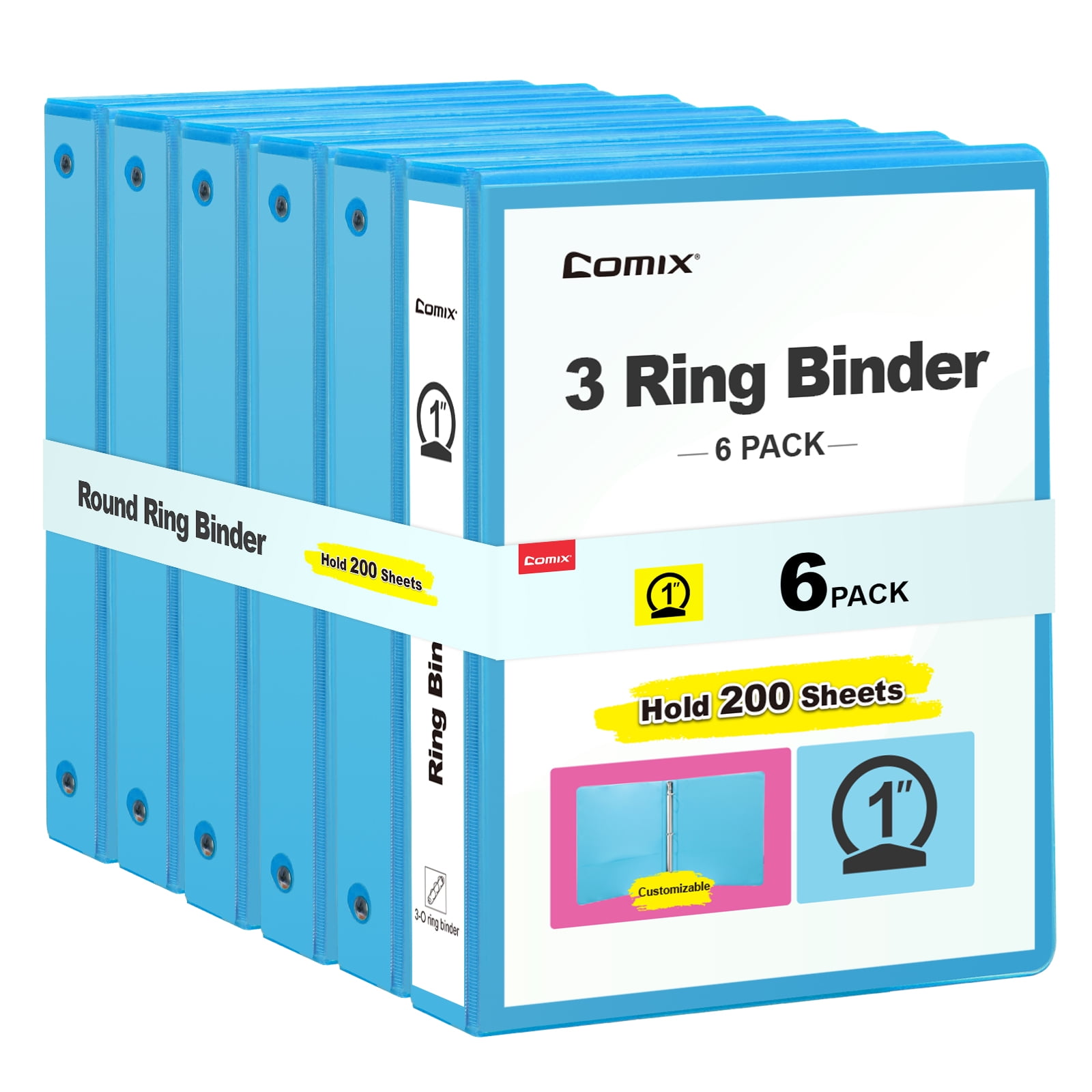 COMIX 1 Inch 3 Ring Binder Pack of 6 Light Blue, 200-Sheet Capacity ...