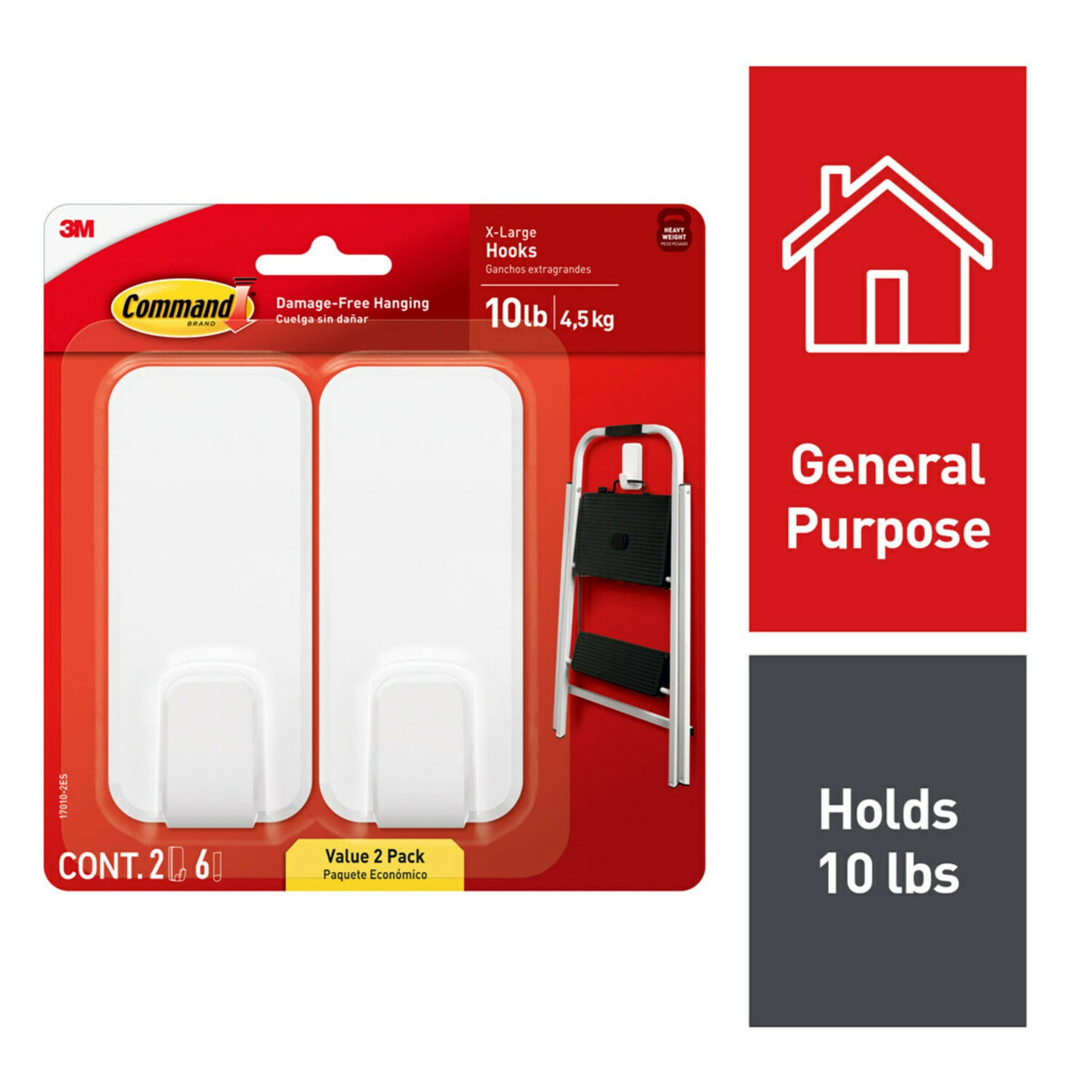 Command 10 Lb XL Heavyweight Wall Hook, White, Damage Free Decorating ...