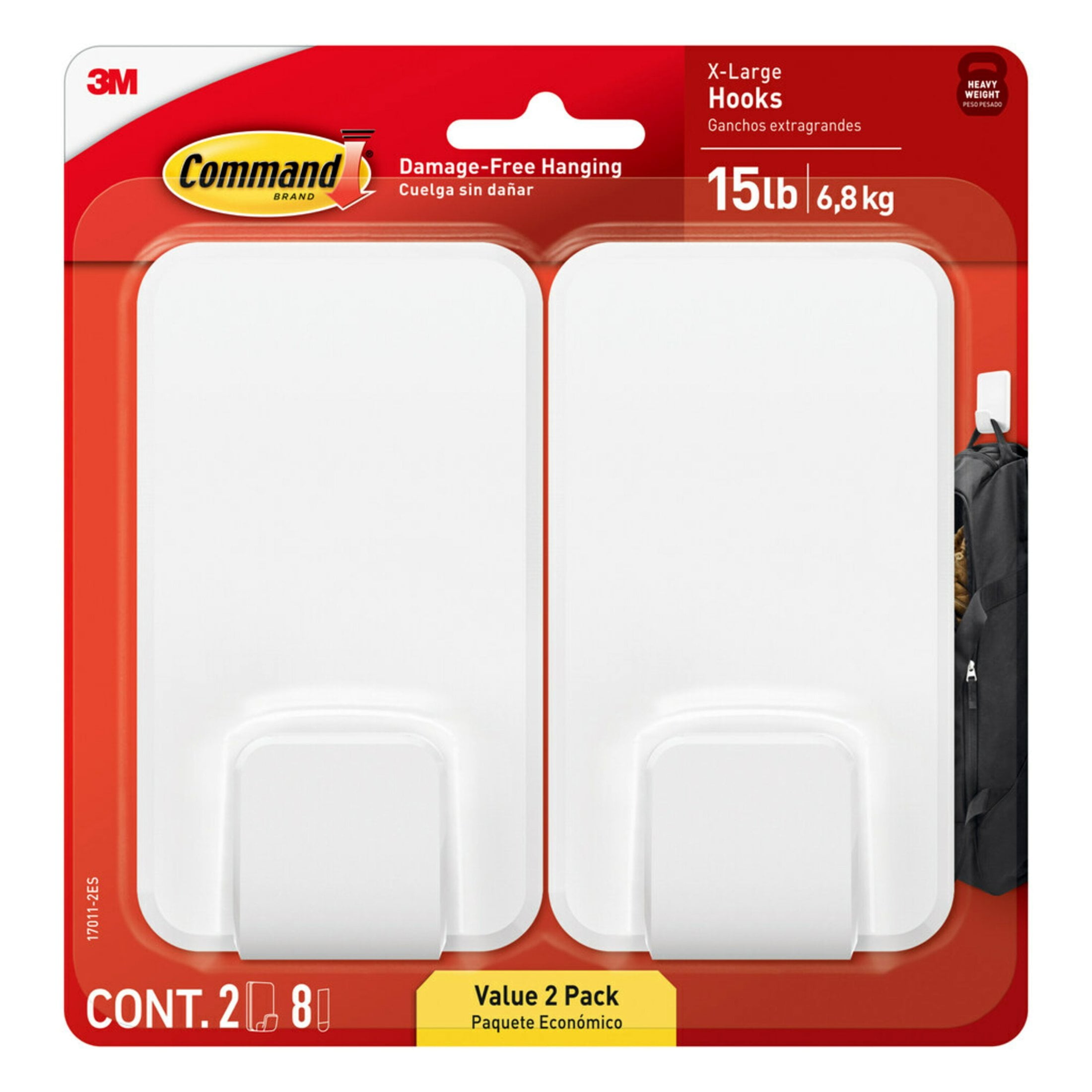 Command 15 Lb XL Heavyweight Wall Hook, White, Damage Free Decorating, 2 Command Hooks - Walmart.com