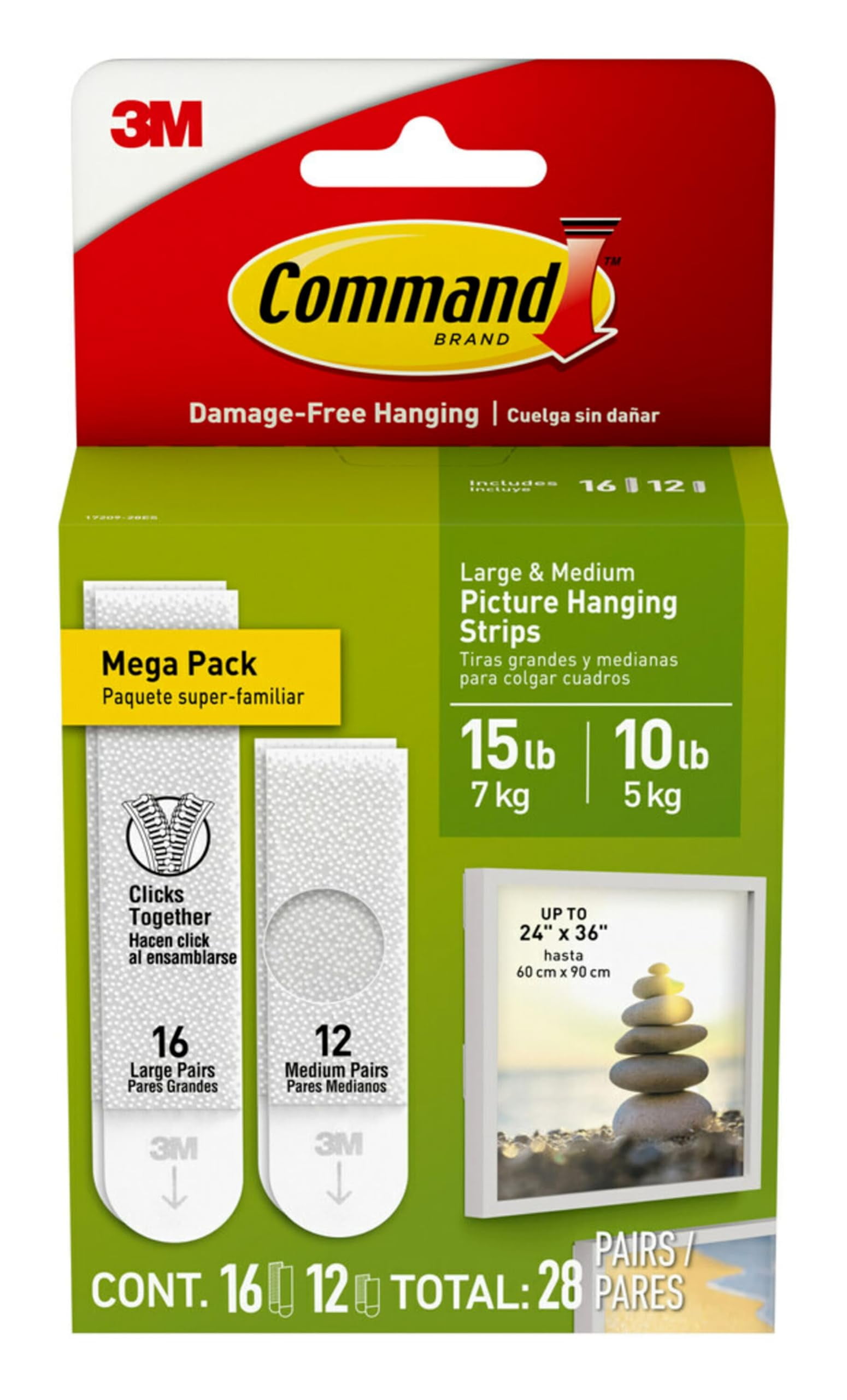 Command 15 lb & 10 lb Large and Medium Picture Hanging Strips 28 Assorted Pairs (56 Command ...
