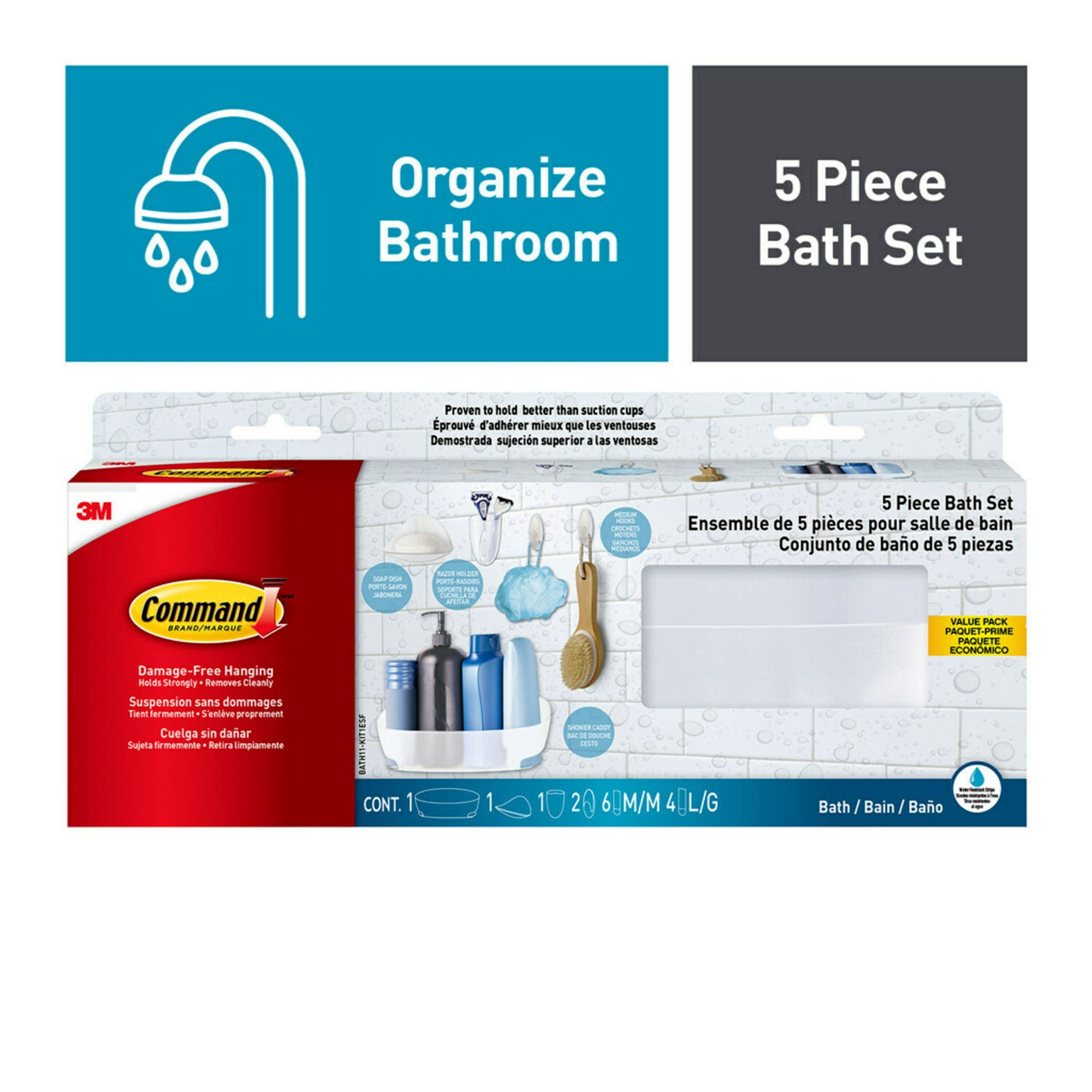 Command 5 Piece Bath Set with Caddy, Soap Dish, Razor Holder, and Hooks ...