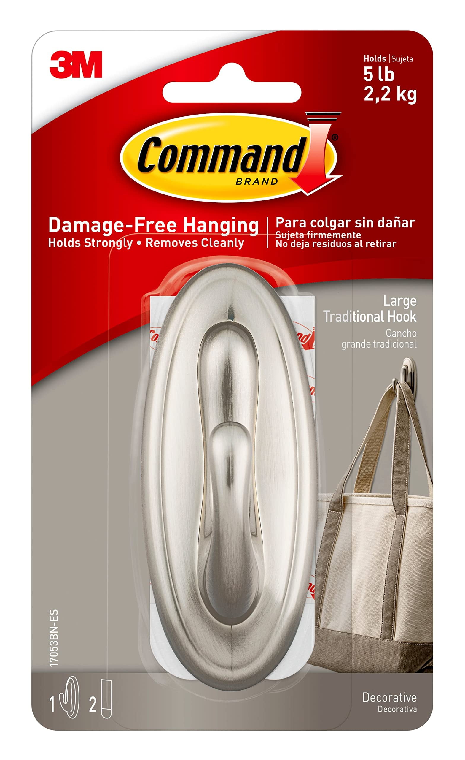 Command 5 lb Large Brushed Nickel Color Hooks, 1 Hook and 2 Command ...
