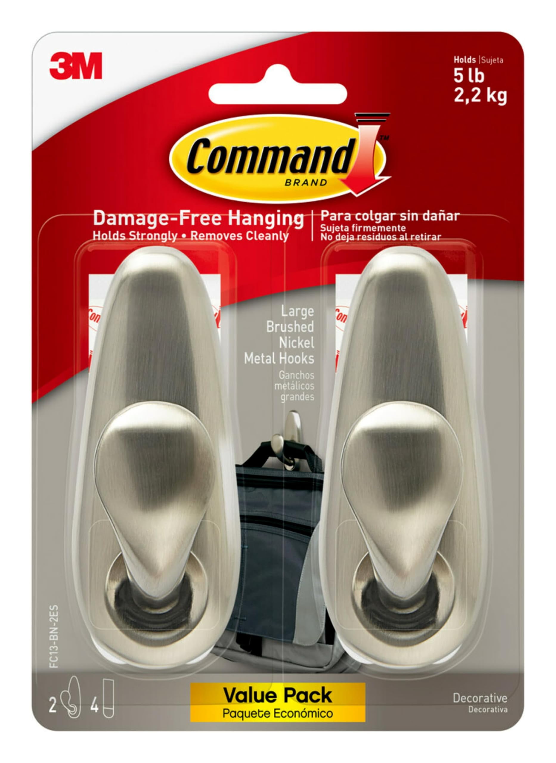 Command 5 lb Large Brushed Nickel Metal Hooks, 2 Hooks and 4 Command ...