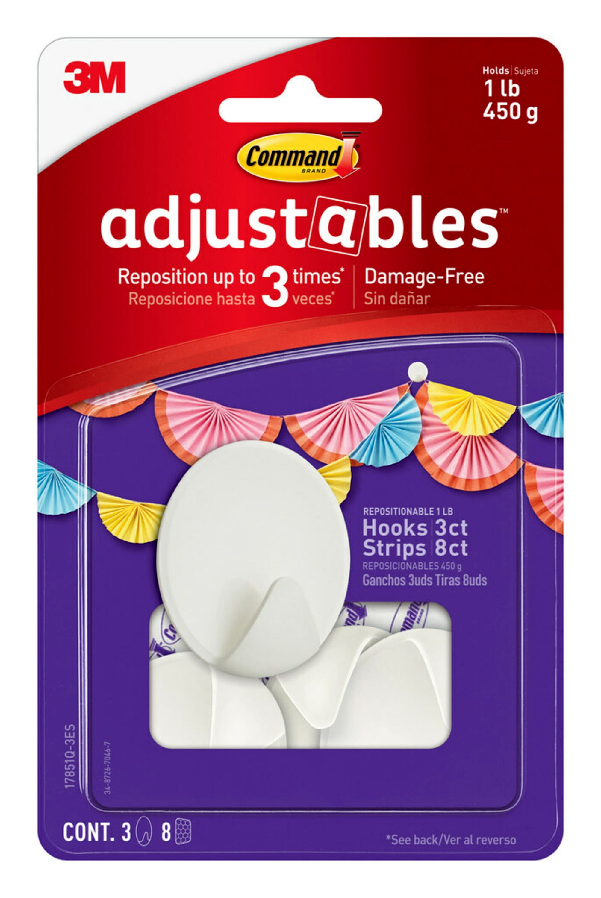 Command Adjustables Repositionable Quartz Hooks, 3 Wall Hooks - Walmart.com