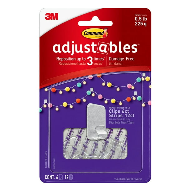 Command Adjustables Repositionable Wall Hook, Clear, Hold 0.5 lb, 6 ...