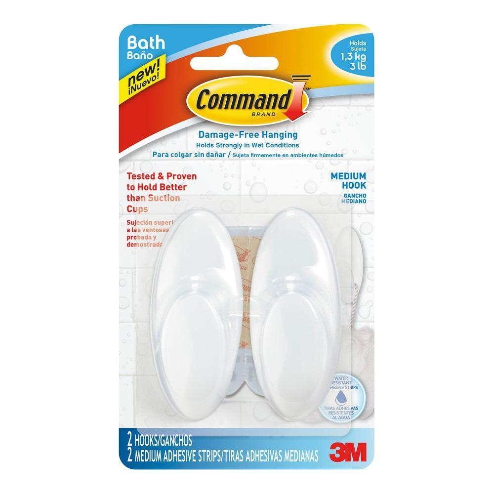 Command BATH18-ES Medium Bath Hook w/ Water-Resistant Strip, Frosted, 2 ...