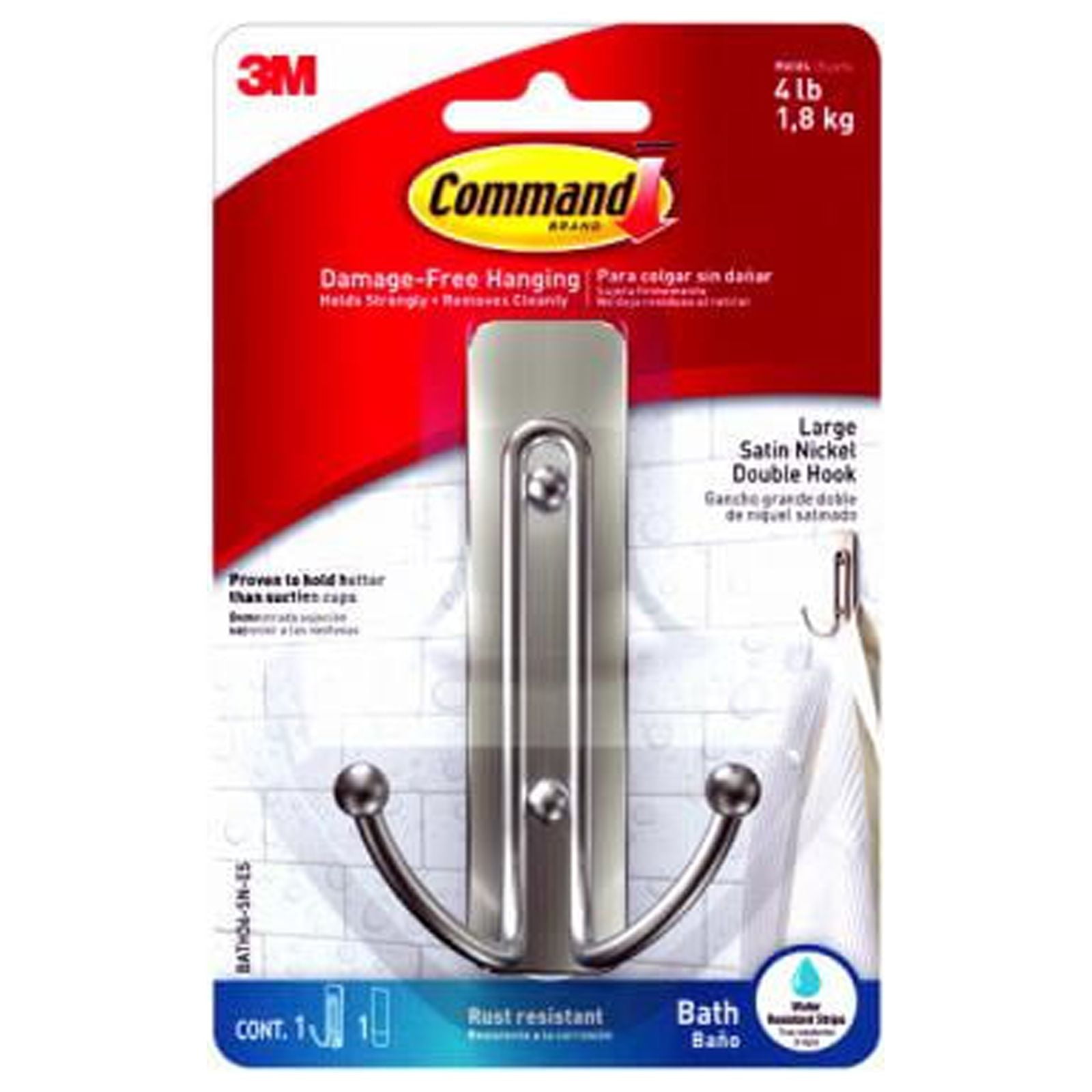 Command Large Double Bath Hook in Satin Nickel - Waterproof, Adhesive ...