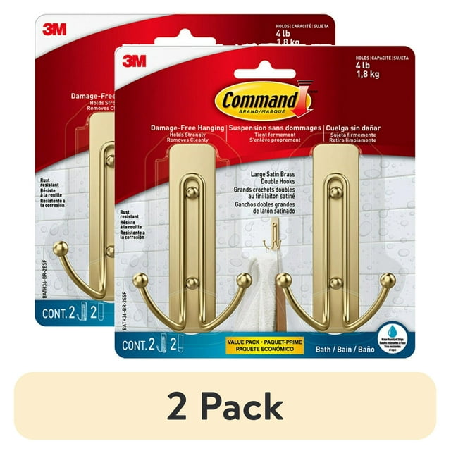 (2 pack) Command Bath Large Brass Finish Double Hook 2 Pack - Walmart.com