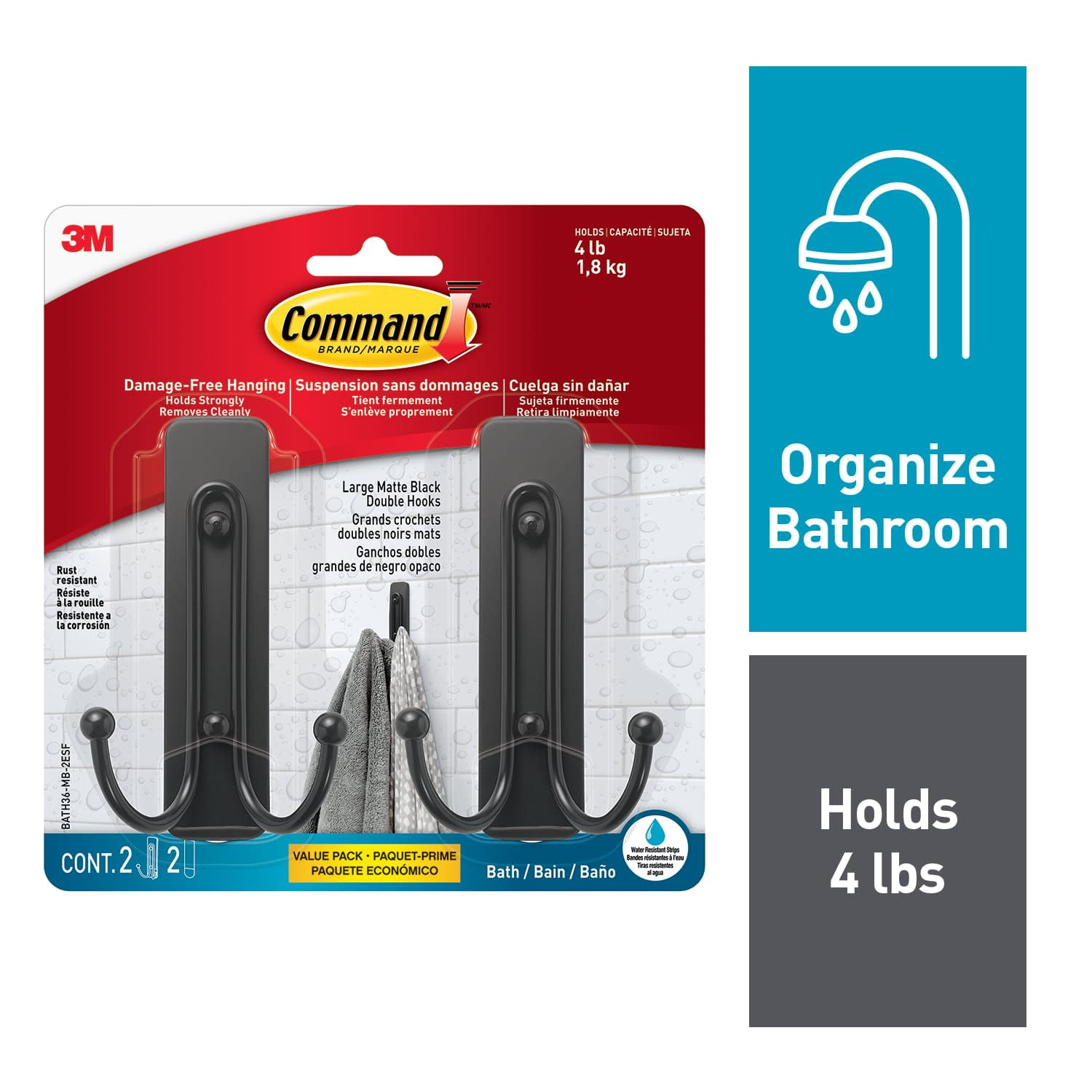 Command Bath Large Matte Black Double Hooks, 2 Double Hooks and Command ...