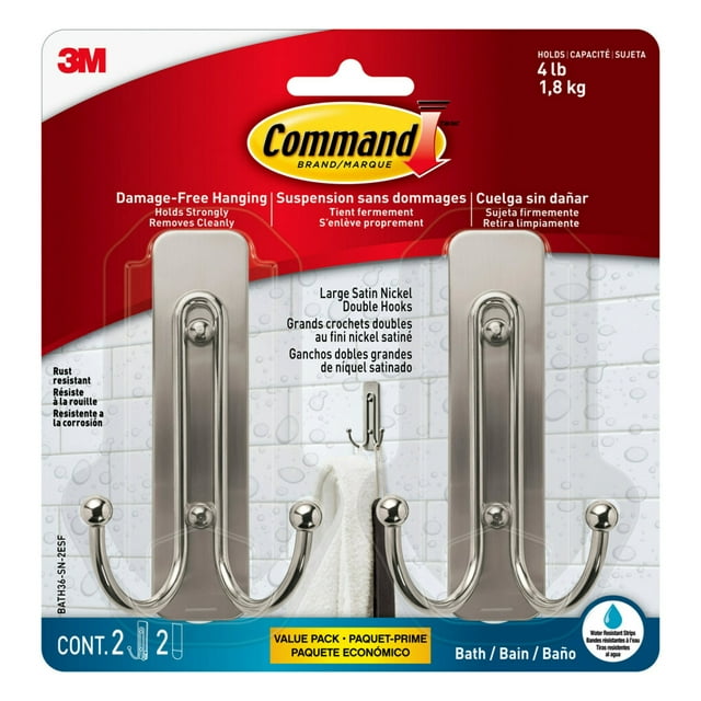 Command Bath Large Satin Nickel Double Hooks, 2pk - Walmart.com