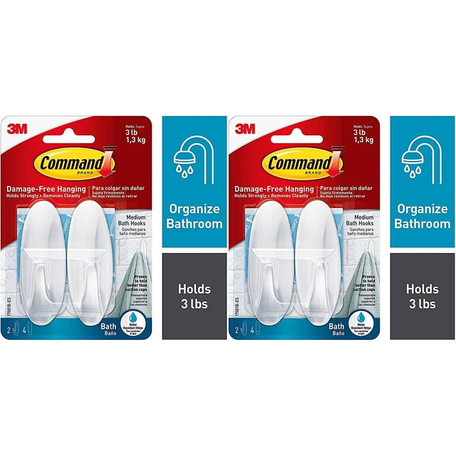 Command Bath Medium Designer Hooks with Water-Resistant Adhesive, 3 lb Capacity, 2 Hooks, 4 ...