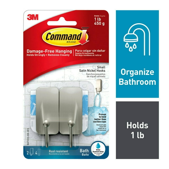 Command Bath Small Hooks, Satin Nickel, 2 Wall Hooks, 4 Water Resistant ...