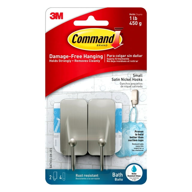 Command Bath Small Hooks, Satin Nickel, 2 Wall Hooks, 4 Water Resistant ...