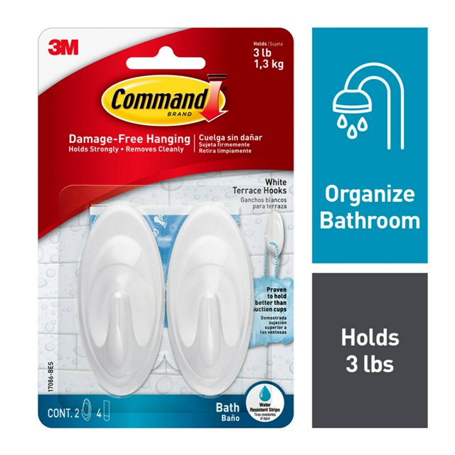 Command Bath Terrace Hooks, Quartz, 2 Wall Hooks, 4 Water Resistant Strips, Bathroom ...
