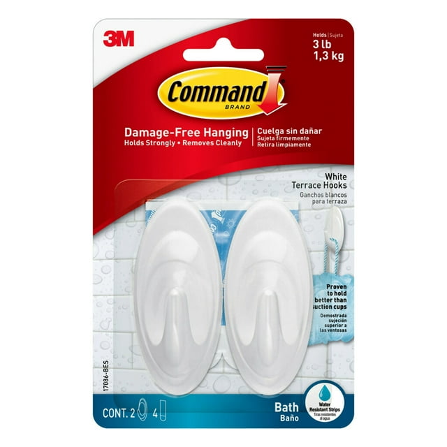 Command Bath Terrace Hooks, Quartz, 2 Wall Hooks, 4 Water Resistant ...