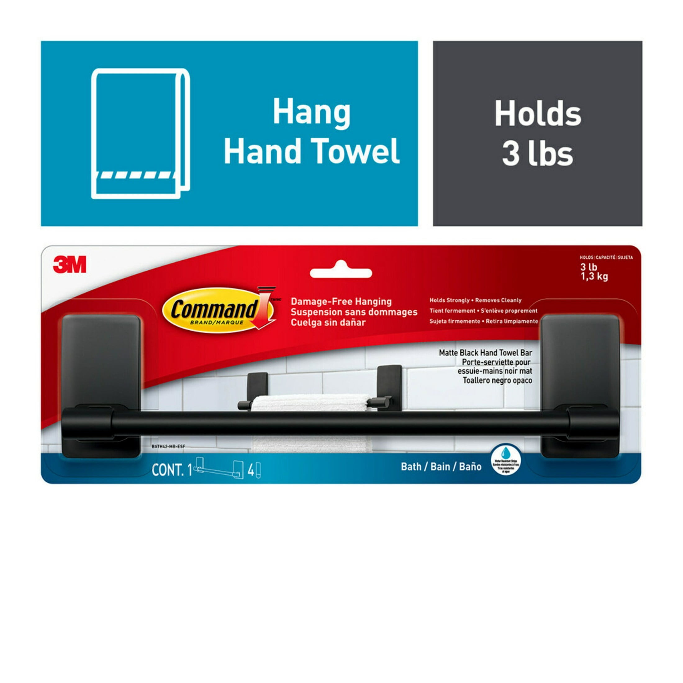 Command Bath Towel Bar Matte Black Holds 3 lbs Easy to Install and ...