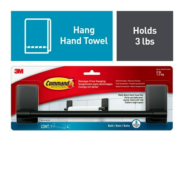 Command Bath Towel Bar, Matte Black, Wall Adhesive Stick Strip ...