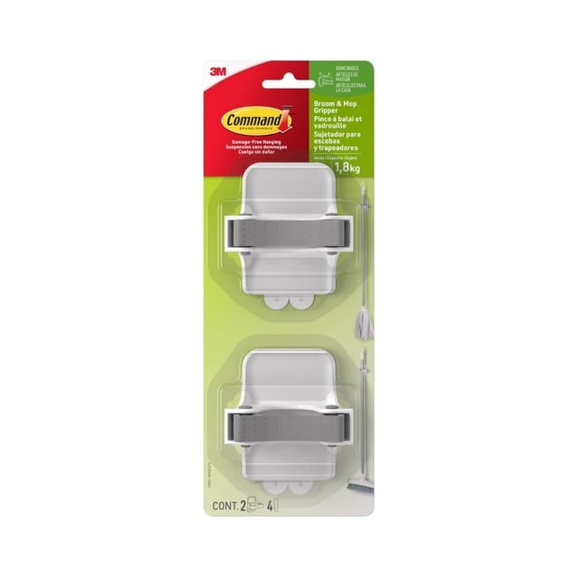 Command Broom and Mop Grippers Wall Hook, White, Damage Free Organizing ...