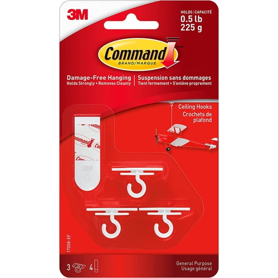 Command Ceiling Hooks 3 Plastic Hooks 4 Foam Strips White, 12 Pack ...