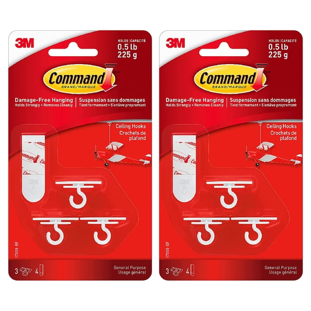 Command Super Strong Heavy Duty Ceiling Hooks, 3 Plastic Hangers, 4 ...