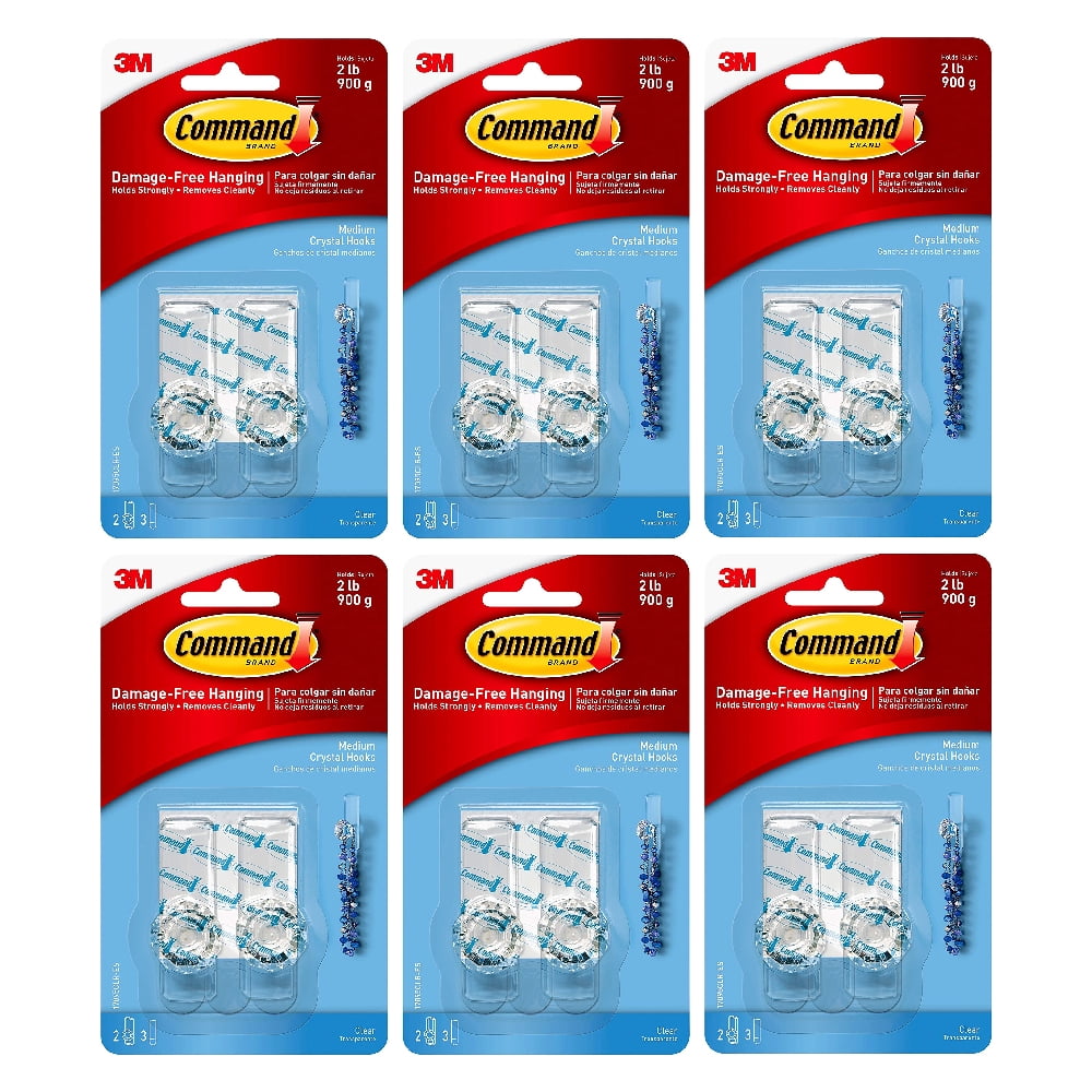 Command Clear Medium Crystal Hooks Adhesive 2 Knob Hooks 3 Strips, 6 ...