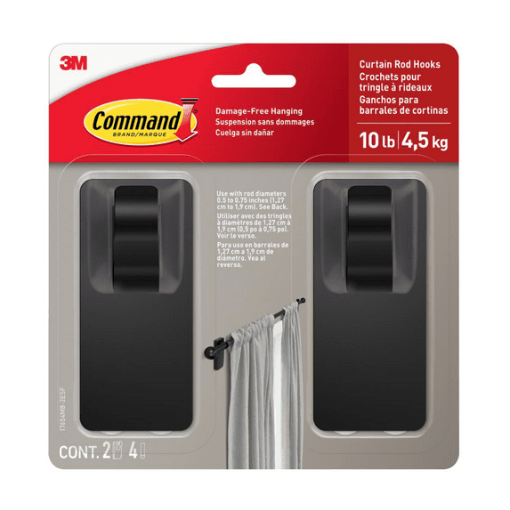 Command Curtain Rod Hooks [Removable]: 2-pack (Matte Black) [16-sets ...