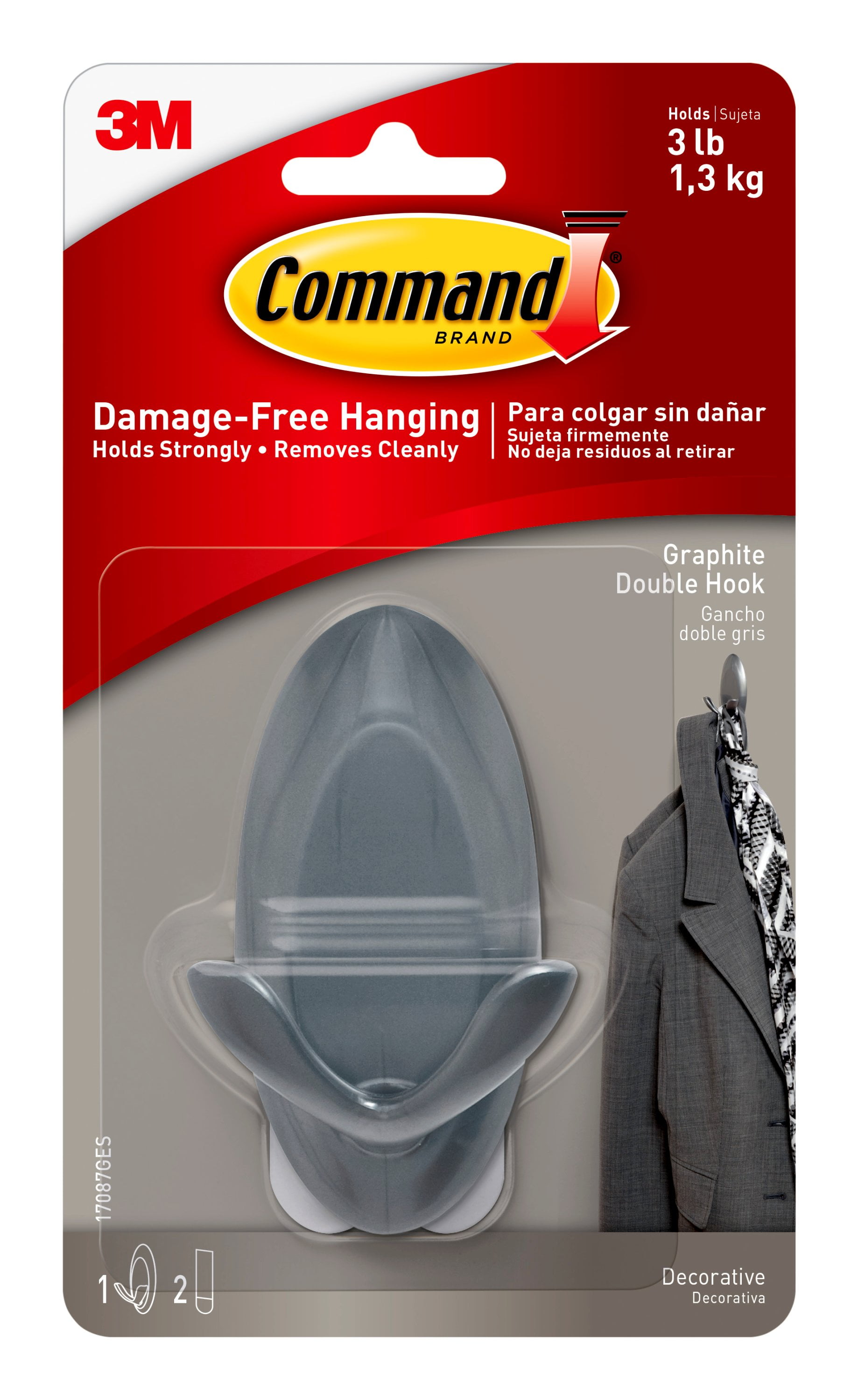 Command Graphite Double Hook, Medium, 1 Hook, 2 Strips/Pack - Walmart.com