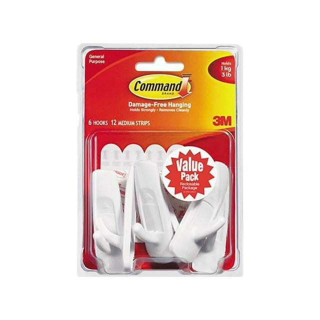 Command Hooks Value Pack, White, Medium, 6 Hooks, 12 Strips/Pack ...