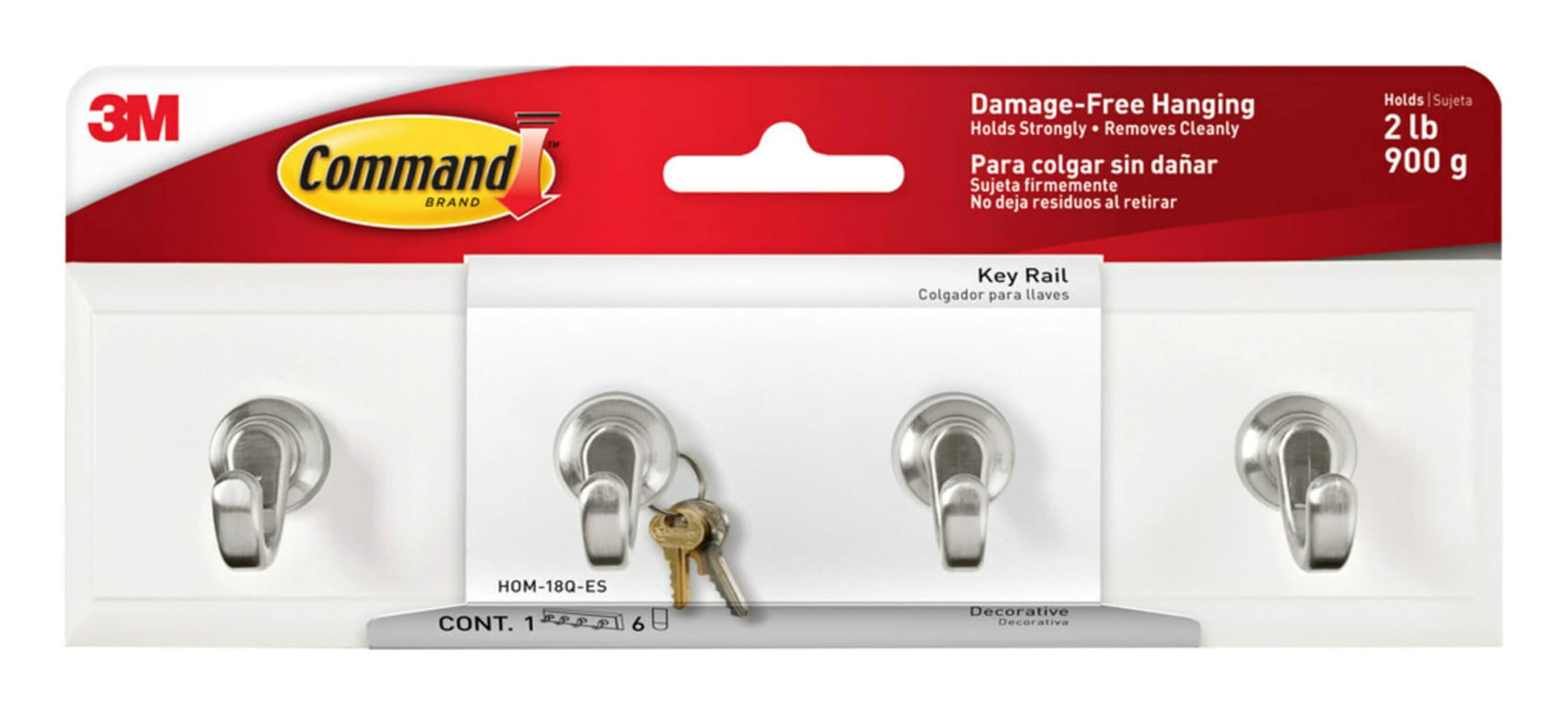 Command Key Rail, Holds up to 2 lb, 8-inch Rail with 4 Key Hooks and 6 ...
