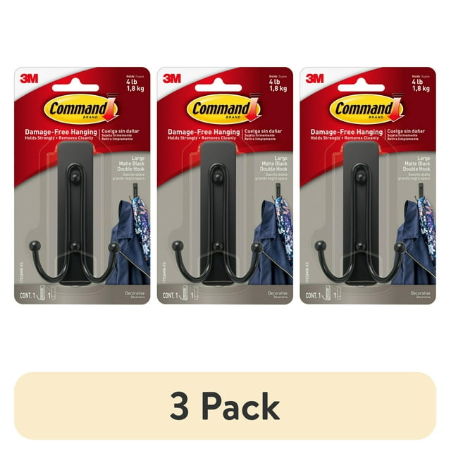 (3 pack) Command Large Double Wall Hooks, Black, Damage Free Decorating ...