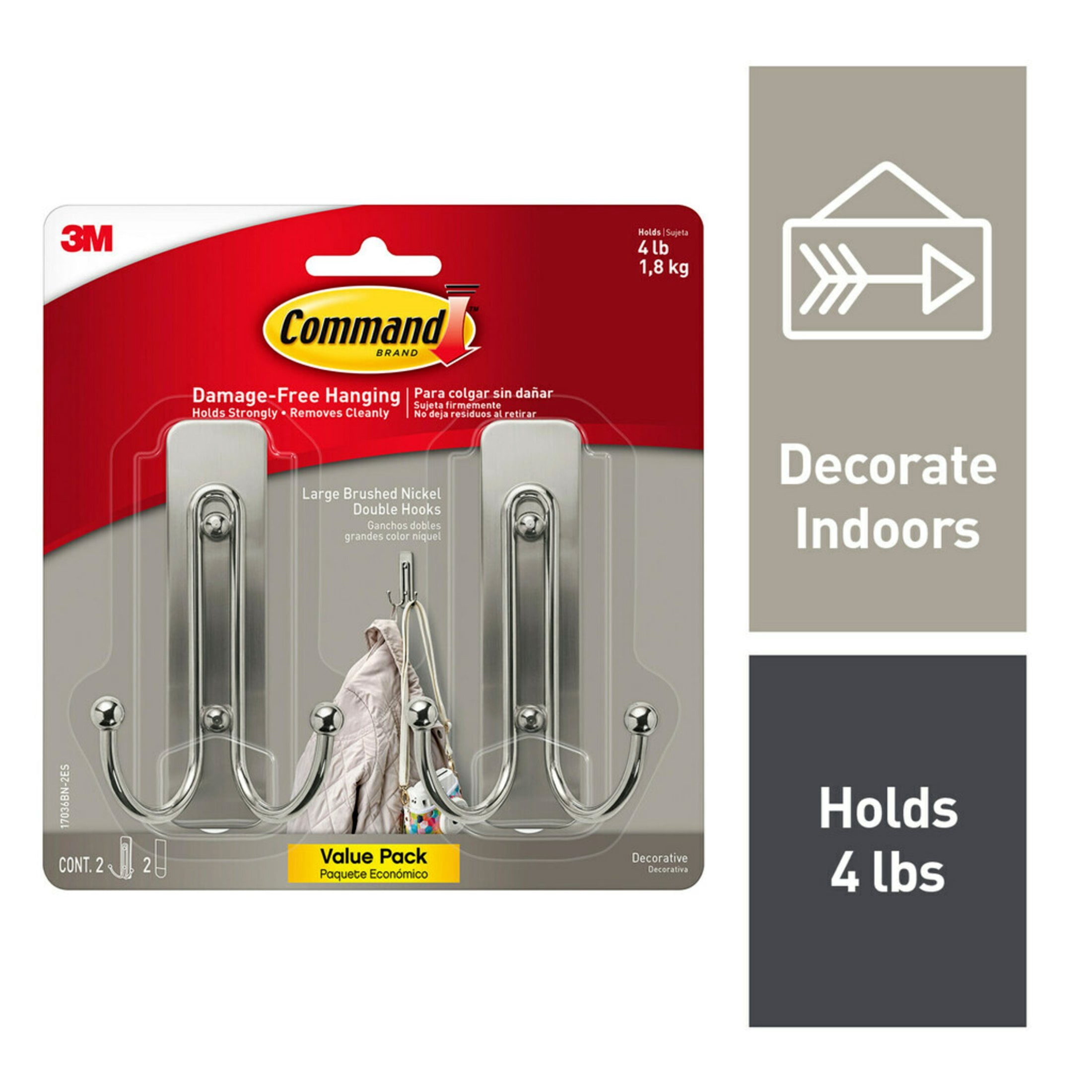 Command Large Double Wall Hooks, Brushed Nickel, Damage Free Decorating ...