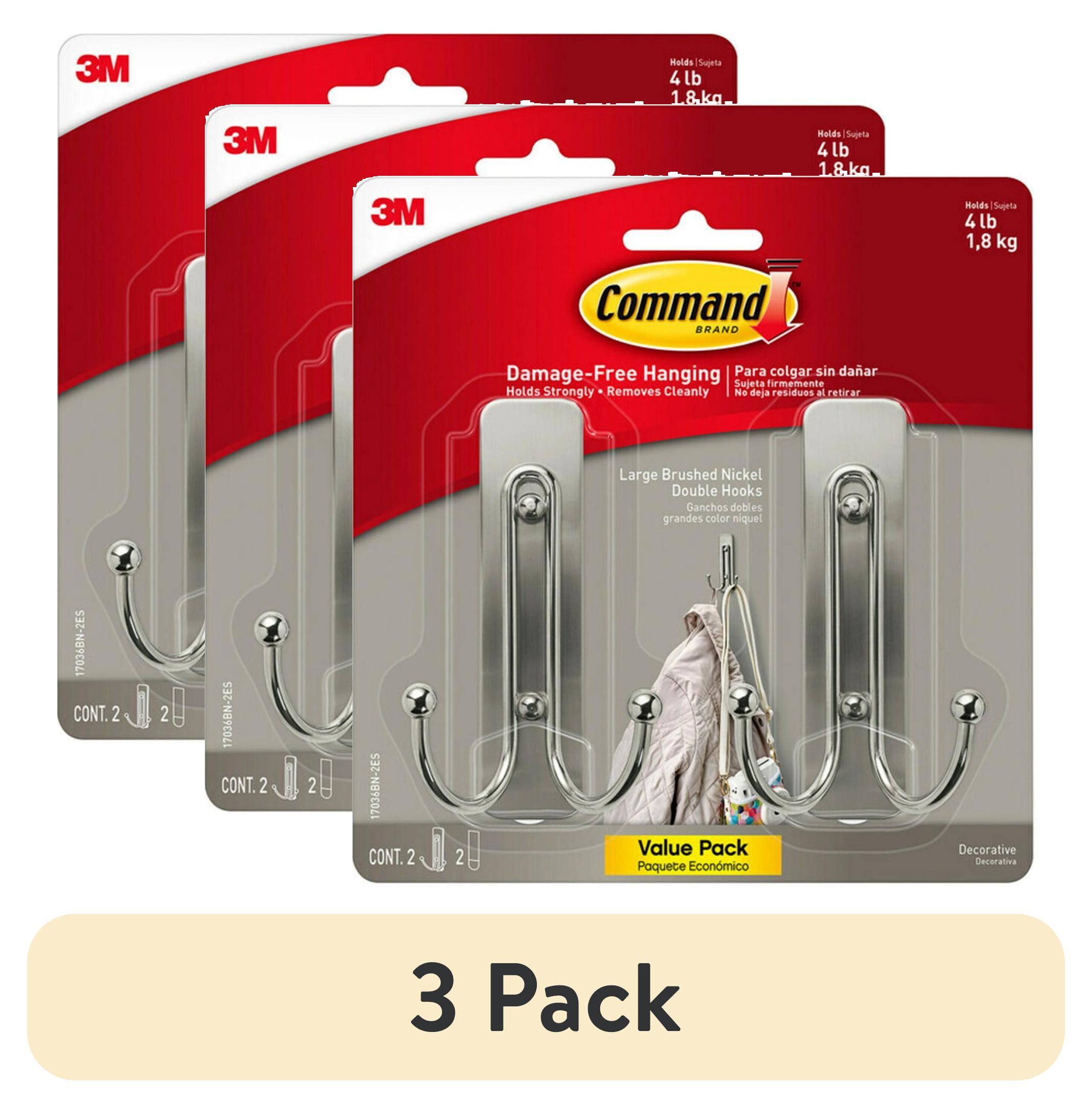 (3 pack) Command Large Double Wall Hooks, Brushed Nickel, Damage Free ...