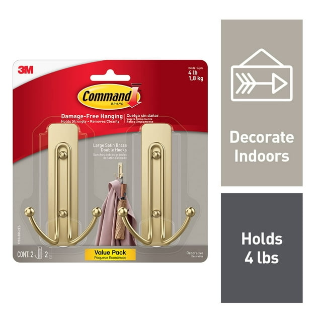 Command Large Double Wall Hooks, Satin Brass, Damage Free Decorating, 2 ...
