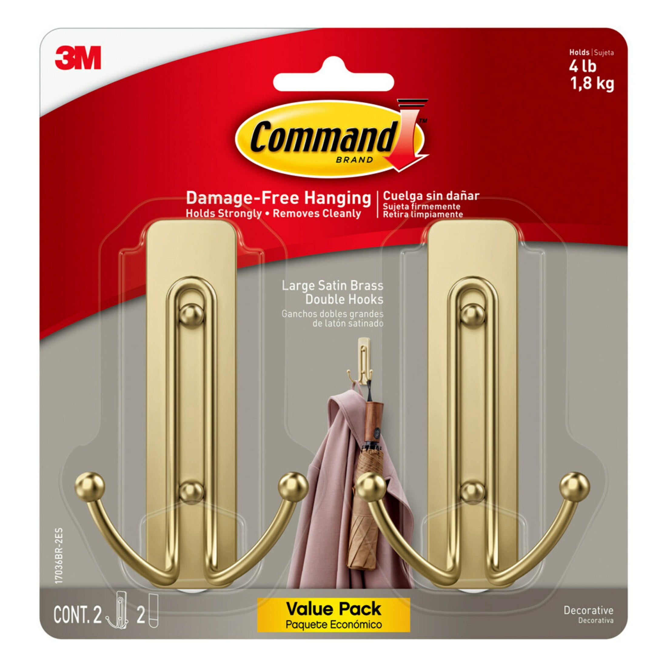 Command Large Double Wall Hooks, Satin Brass, Damage Free Decorating, 2 ...