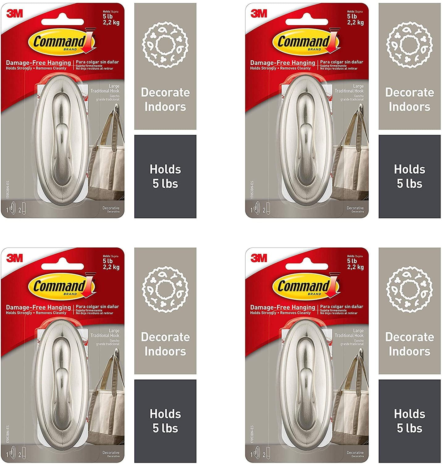 Command Large Traditional Hook, Brushed Nickel, Holds 5 lbs, 1 Hook, 2 ...