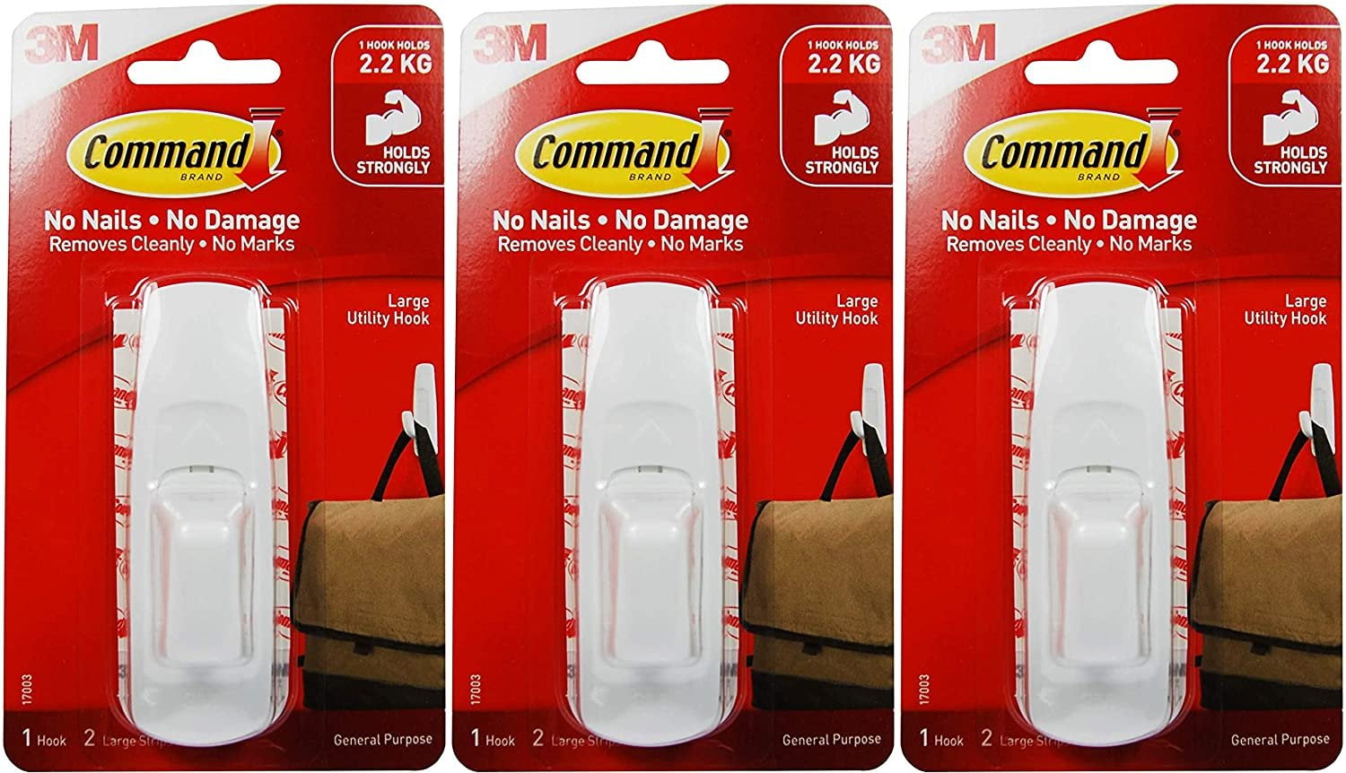Command Large Utility Hook, White, 1-Hook, 2-Strips 17003ES, 3 Pack ...