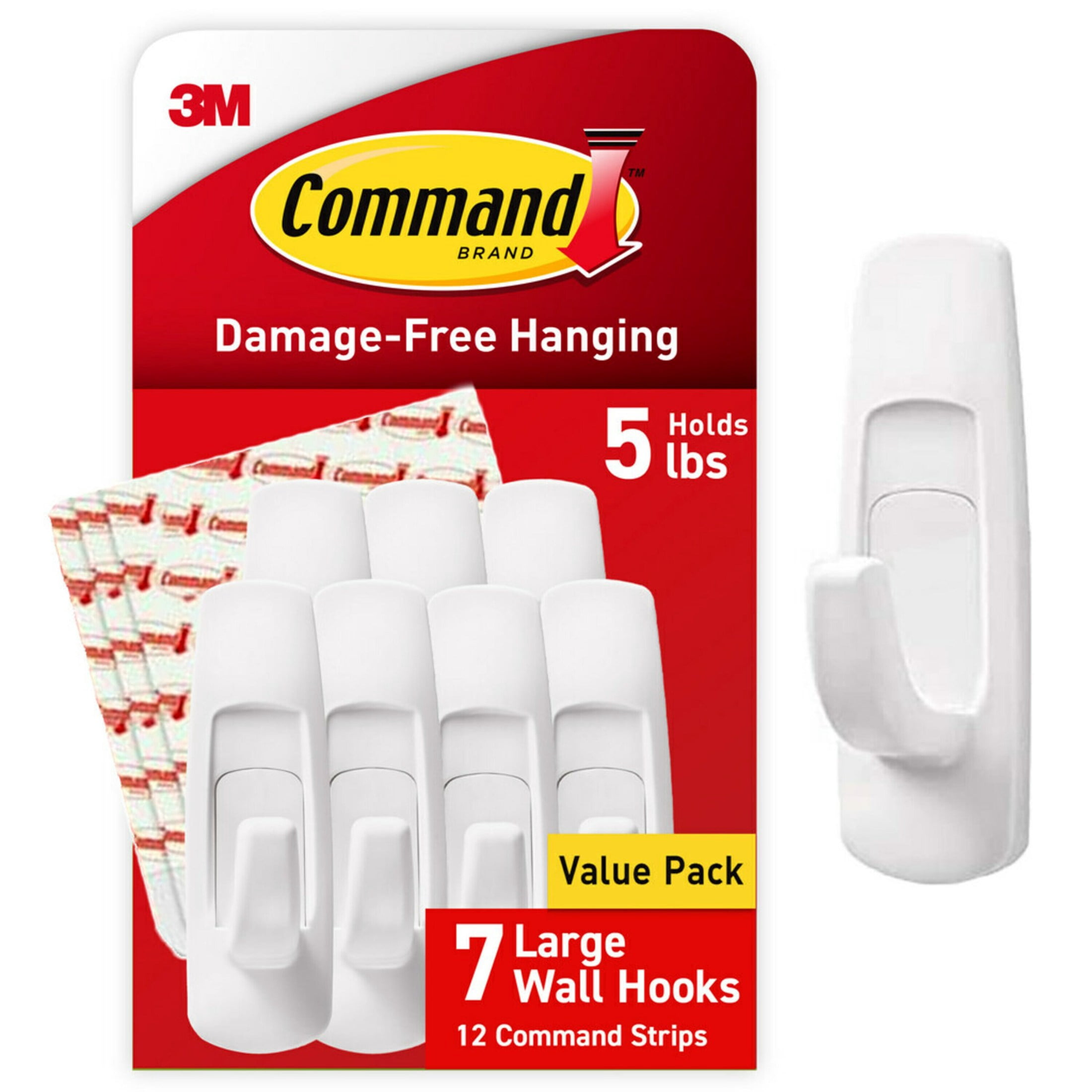 Command Large Utility Hooks, White, Hold 5 lbs, Value Pack, 7 Hooks, 12 ...