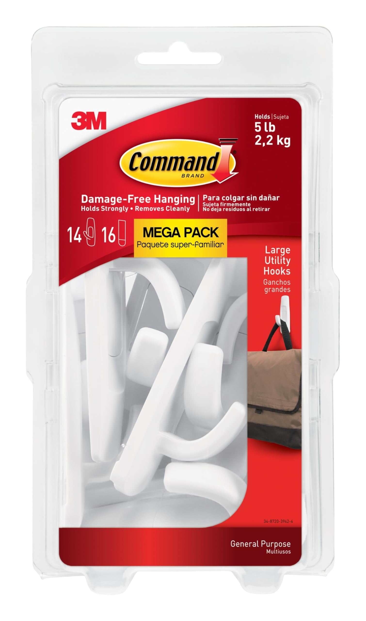 Command Large Utility Hooks, Holds up to 5 lb, 14 Hooks and 16 Command ...