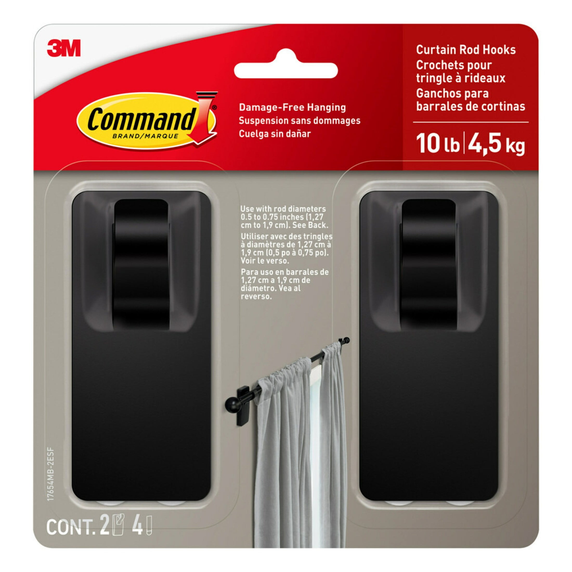 Command Matte Black Curtain Rod Hooks, 2 Hooks, 4 Adhesive Strips - Walmart.com