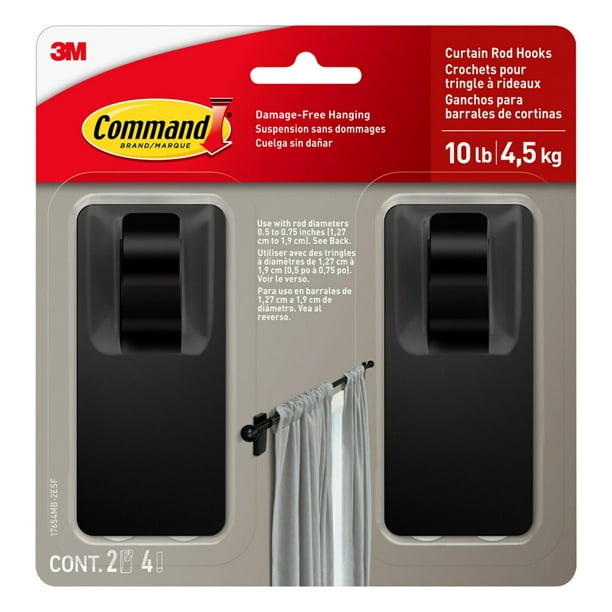 Command Matte Black Curtain Rod Hooks, 2 Hooks, 4 Adhesive Strips - Walmart.com