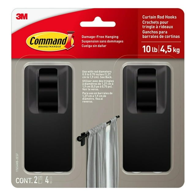 Command Matte Black Curtain Rod Hooks, 2 Hooks, 4 Adhesive Strips ...
