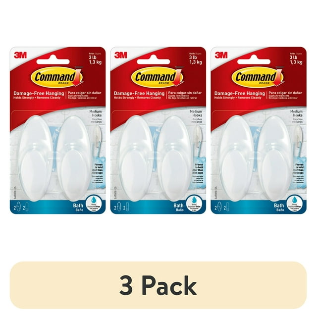 (3 pack) Command Medium Bath Hooks, Frosted, 2 Wall Hooks, 2 Water ...