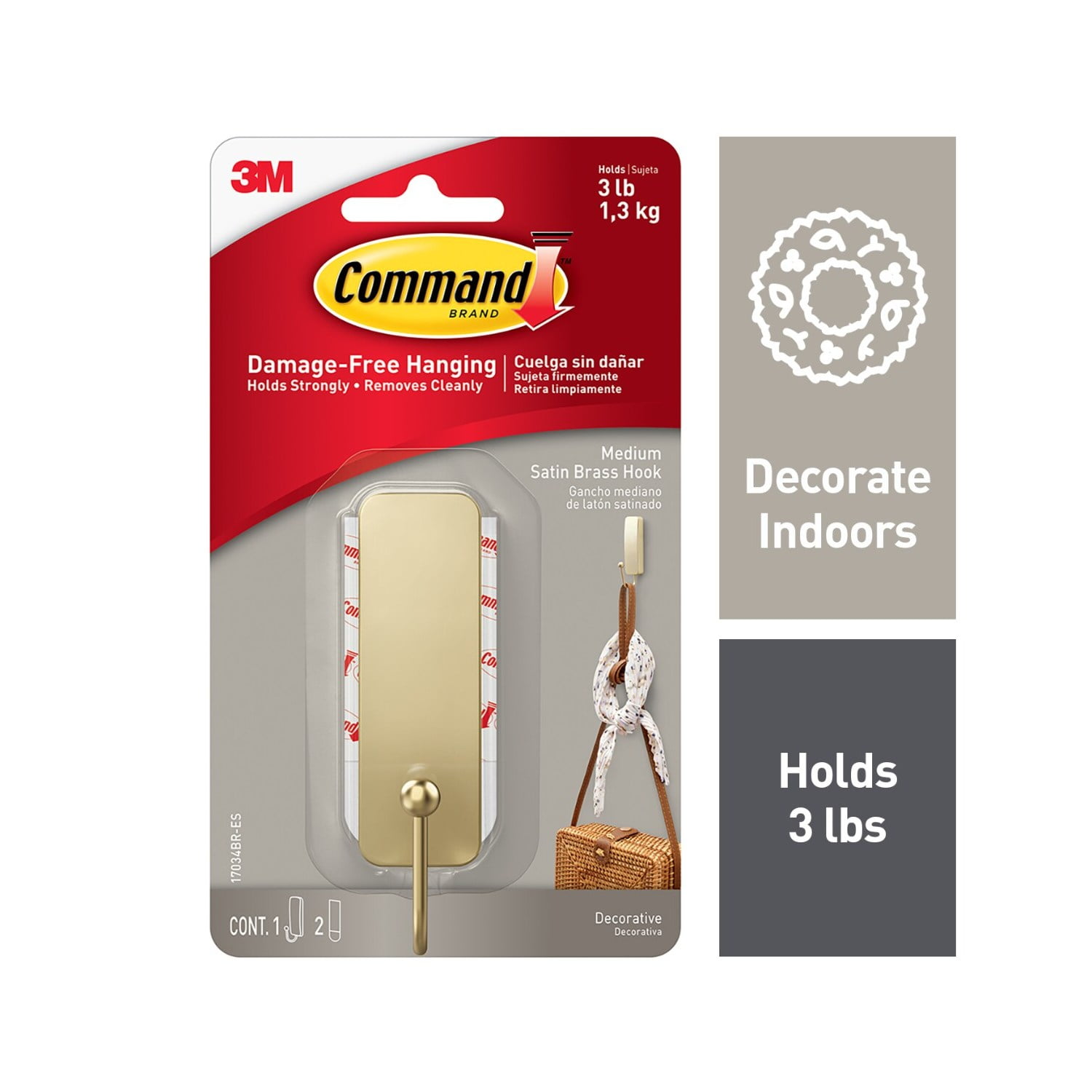Command Medium Decorative Hooks, Matte Satin Brass, Damage Free Decorating, 1 Hook and 2 Strips ...