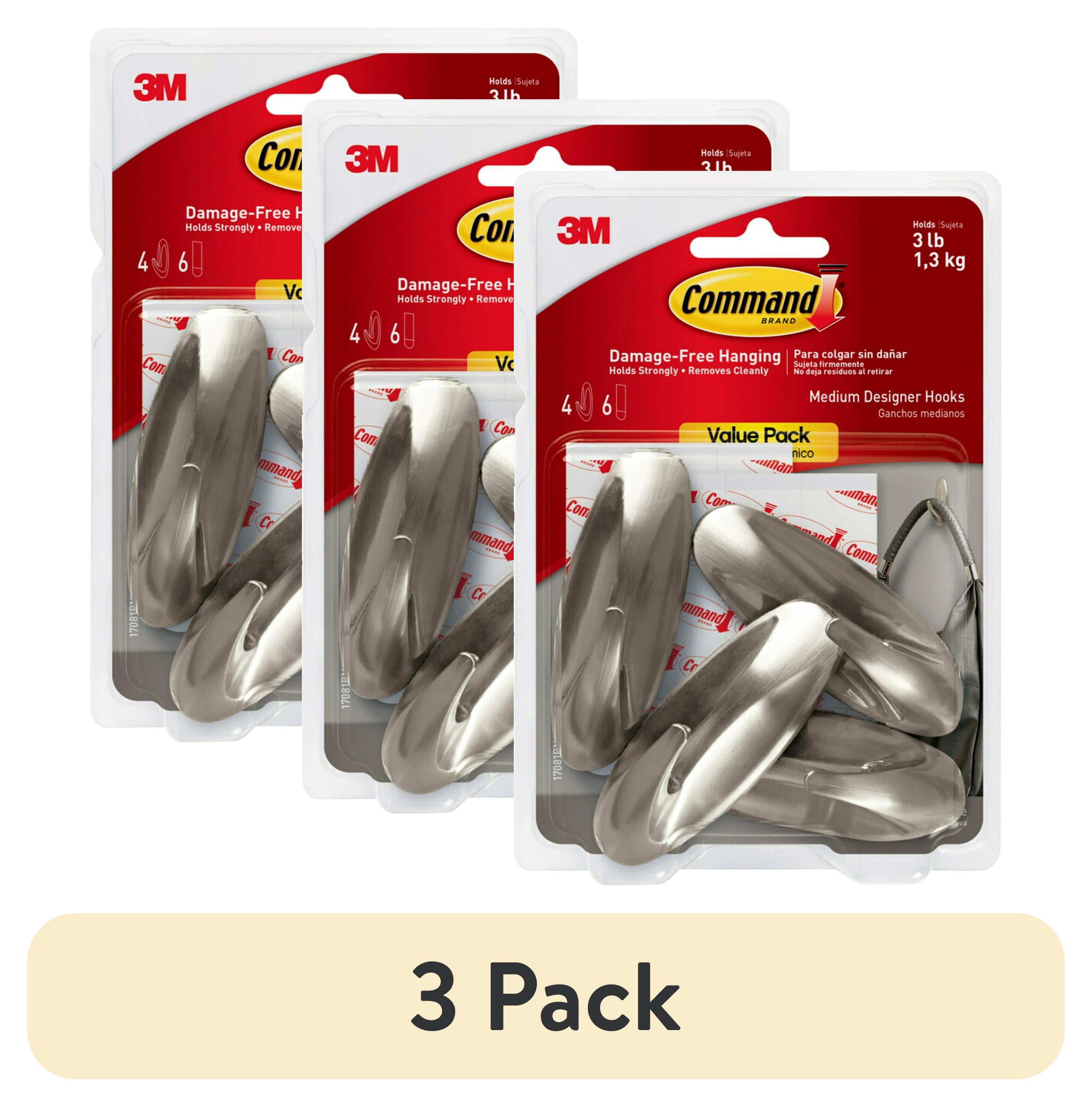 (3 pack) Command Medium Designer Hooks, Brushed Nickel, 4 Wall Hooks - Walmart.com