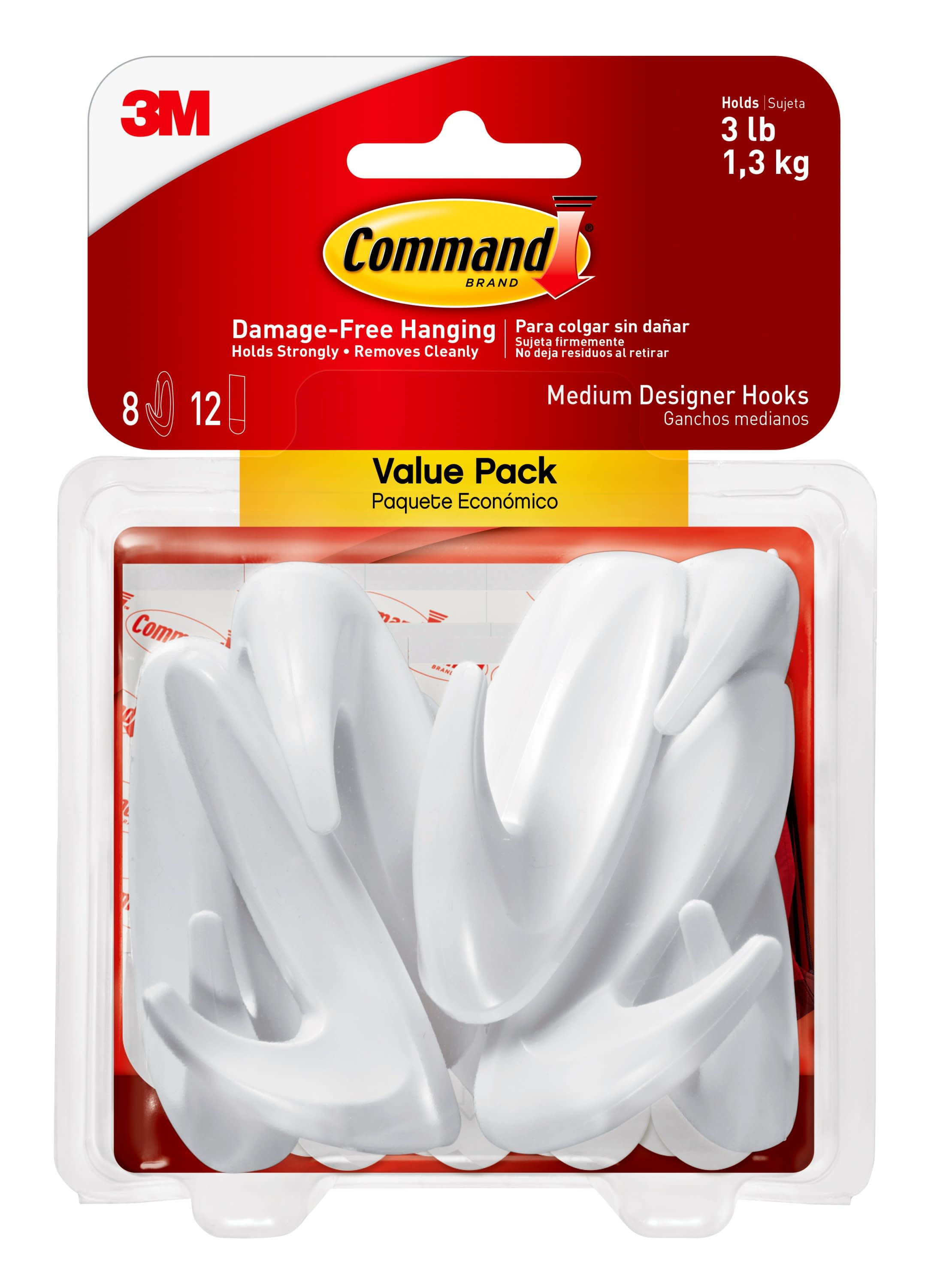 Command Medium Designer Hooks, White, 8 Wall Hooks, Damage-Free Hanging ...