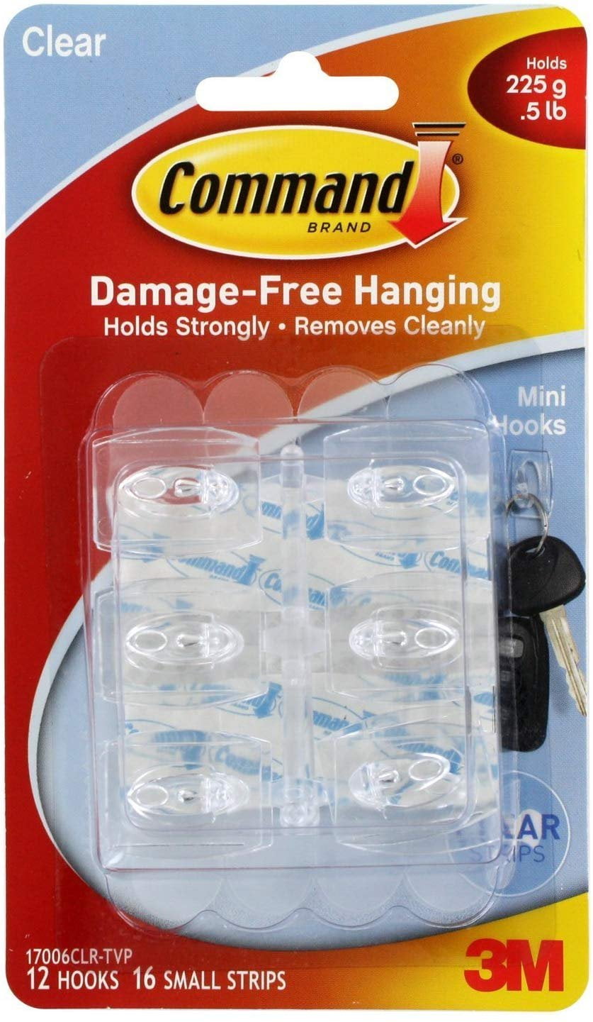 Command Mini Clear Hooks with Clear Strips 17006CLR-VP, 12 Hooks with ...