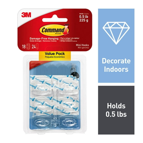 Command Mini Wall Hooks, Clear, Damage Free Decorating, 18 Hooks and 24 ...