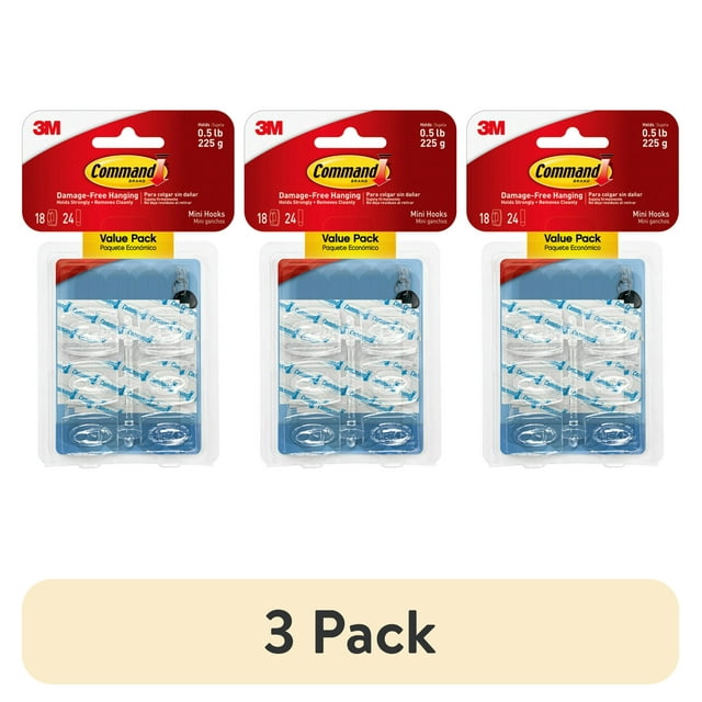 (3 pack) Command Mini Wall Hooks, Clear, Damage Free Decorating, 18 ...