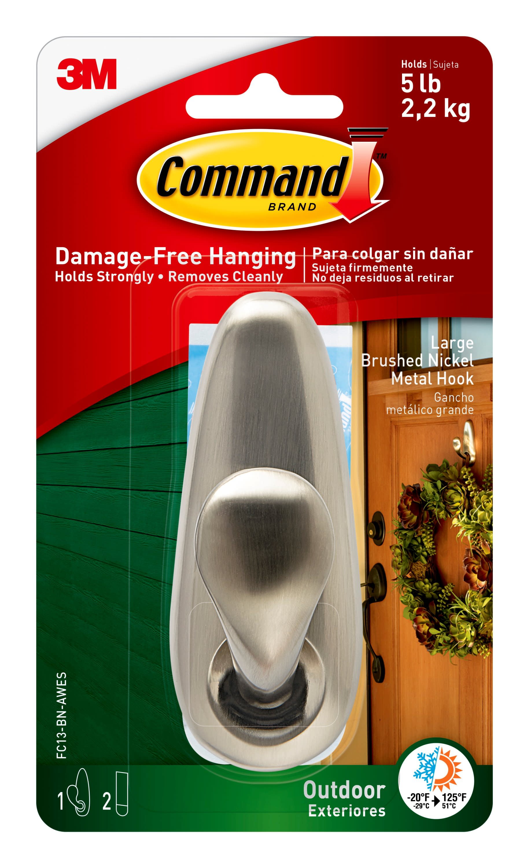 Command Outdoor Hook, Large, Brushed Nickel, 1 Wall Hook, 2 Strips/Pack ...