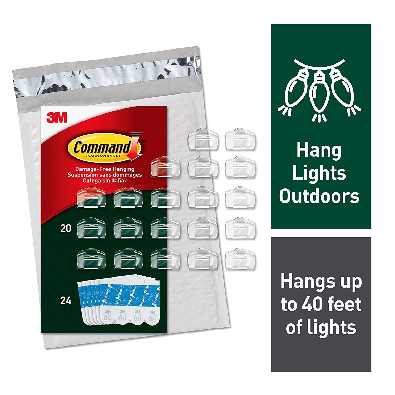 Command Outdoor Light Clips, Clear, 20 Clips, 24 Strips, Water and UV ...